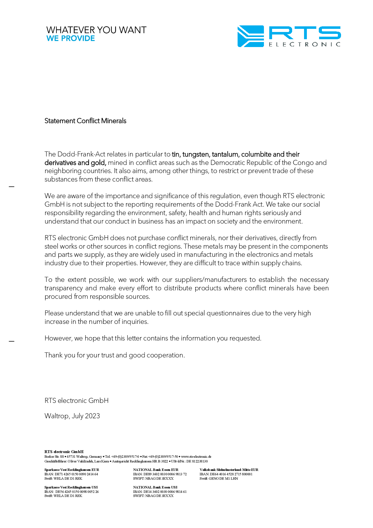 Certificates and Declarations | RTS Electronic